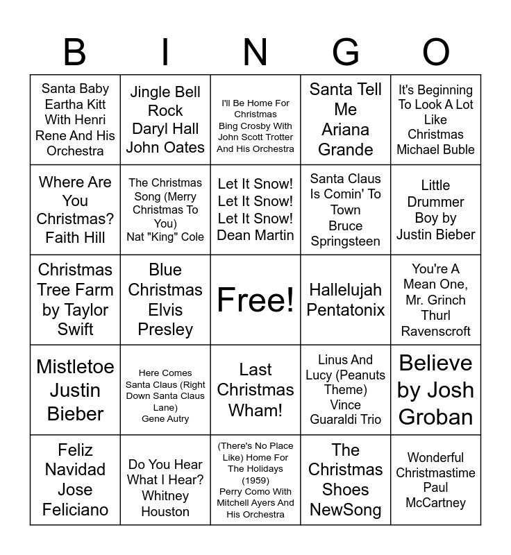 Christmas Music Bingo Card