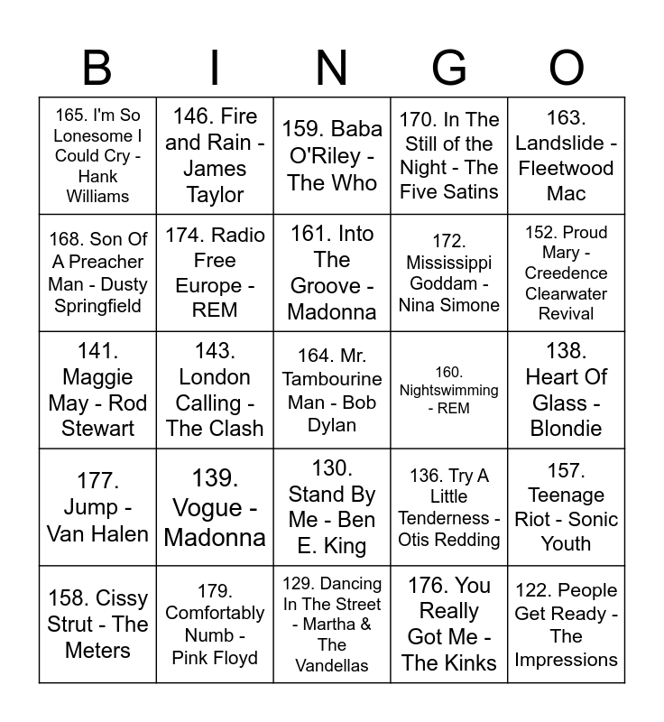 Rolling Stones Top 500 (180-121) Bingo Card