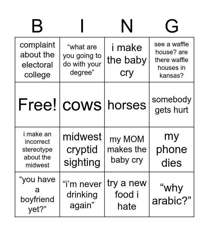 Midwest Christmas Bingo Card