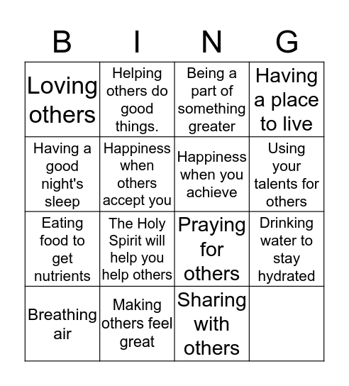 Universal Needs Bingo Card