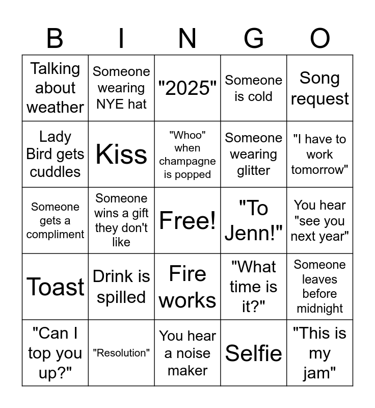 Turner New Year's Eve 2025 Bingo Card