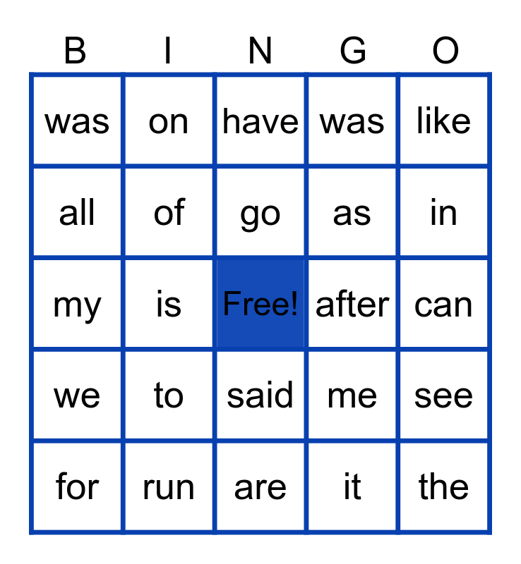 Basic Sight Words grade 1 Bingo Card