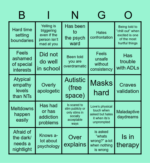 ASD TRAUMA SURVIVOR BINGO Card