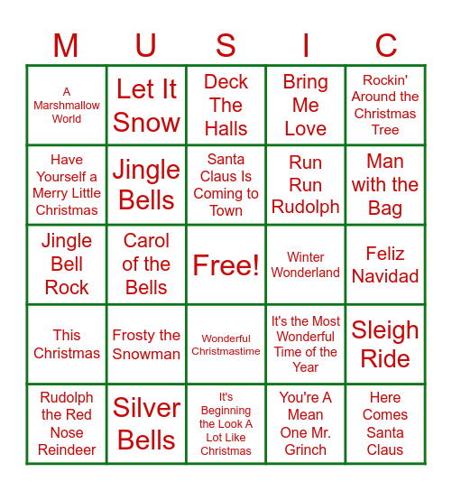 Christmas Song Music Bingo Card