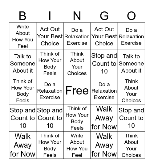 USING SELF-CONTROL Bingo Card