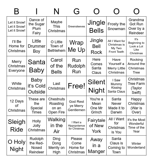 Christmas Song Bingo Card