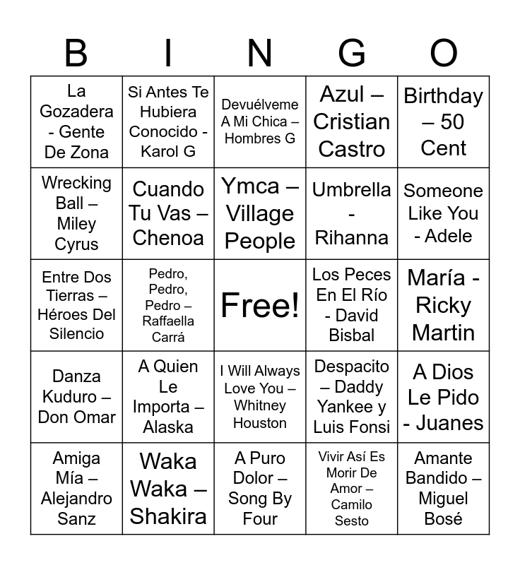 Musical Bingo Card