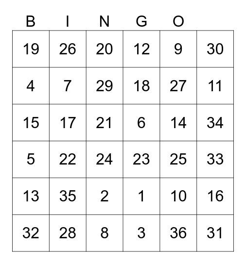 Number 1-36 Bingo Card