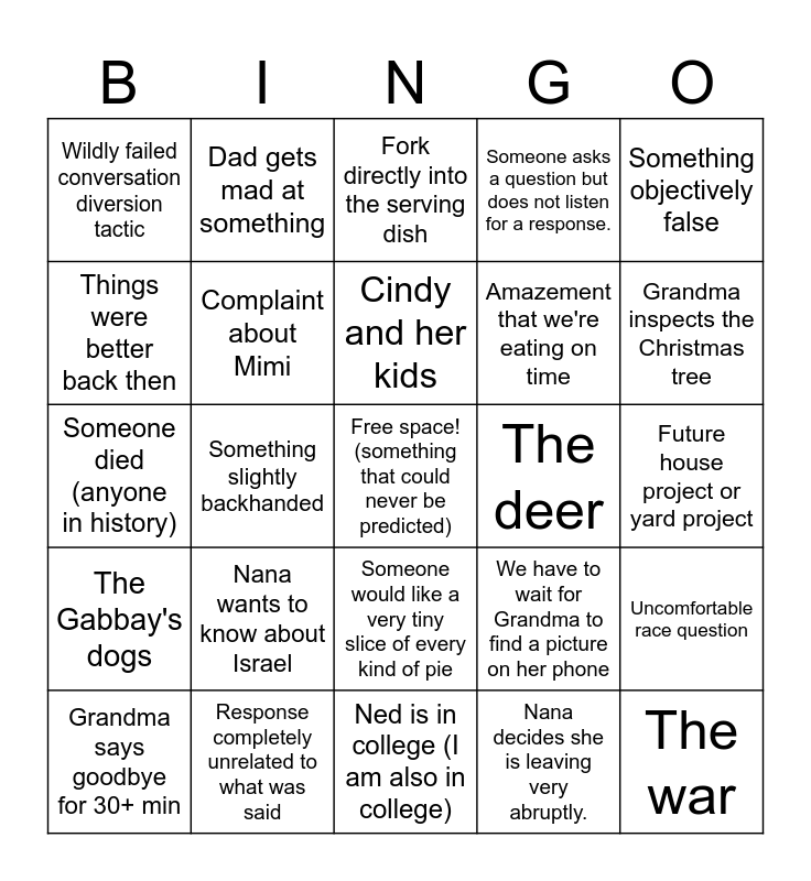 Christmas Dinner Conversation Topics Bingo Card