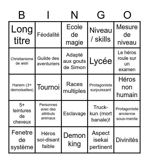 Isekai Bingo Card