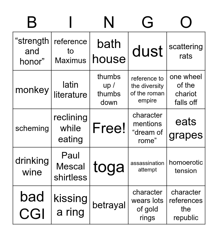 Gladiator II Bingo Card