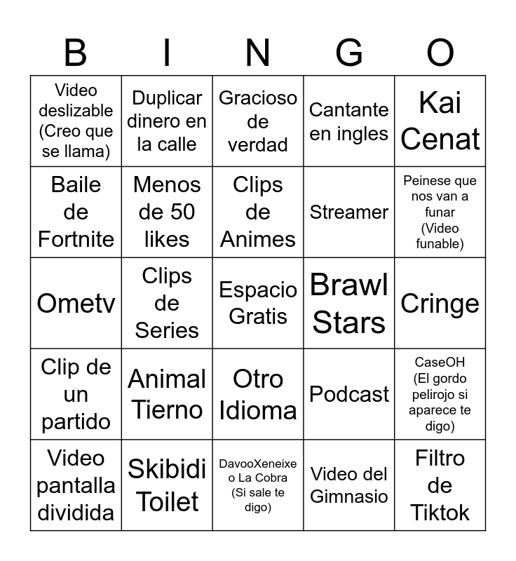 Alex PB Tik Tok Bingo Card
