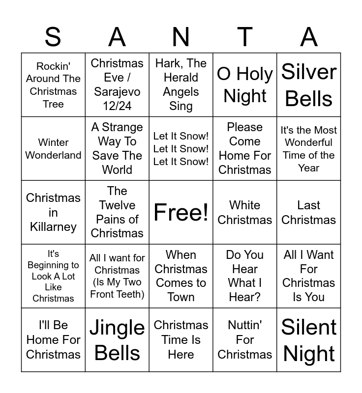 Holiday Music Bingo Card