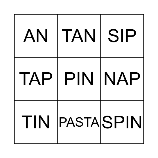 S, A, T, I, P, N Sounds Bingo Card