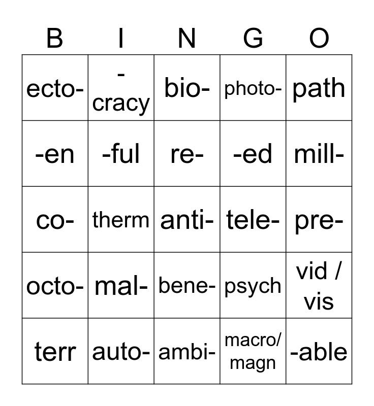 Root Word BINGO Card