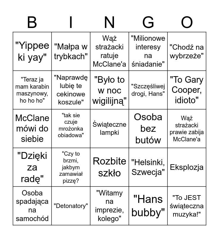 Die Hard Bingo Card