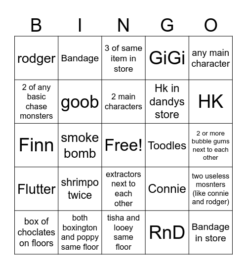 Dandy World Bingo Card