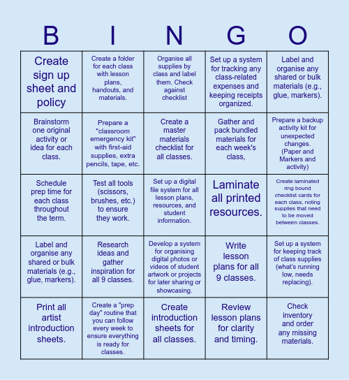 Class Planning Bingo Card