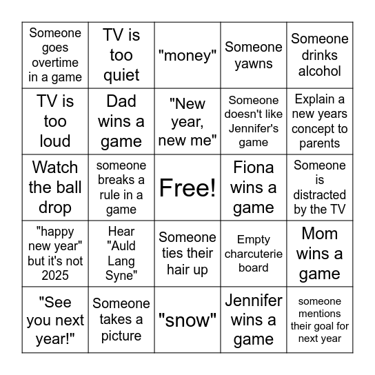 New Years Bingo Card