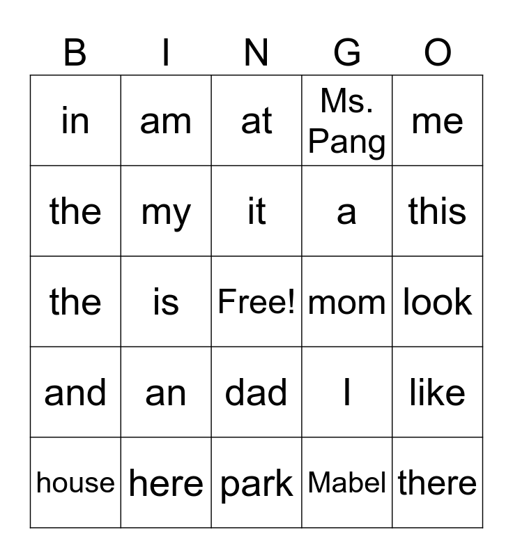 Snap Word Bingo Card