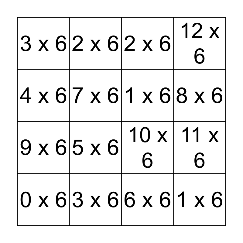 six times table Bingo Card