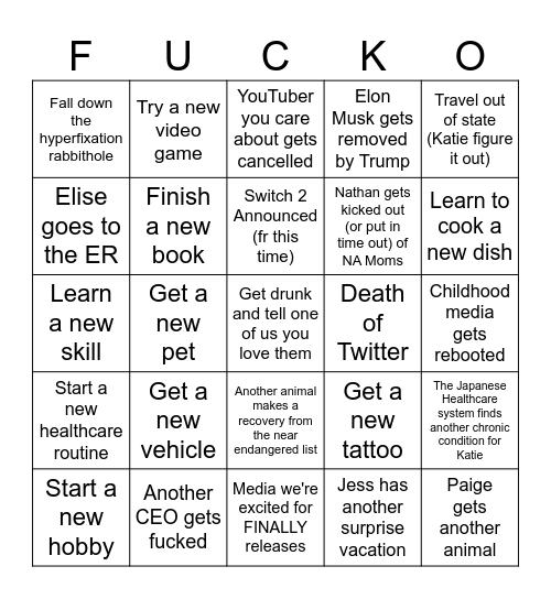 Unhinged 2025 Bingo Card