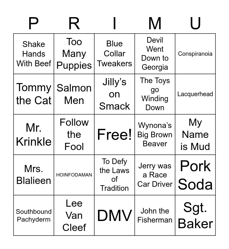 Primus Setlist Bingo Card