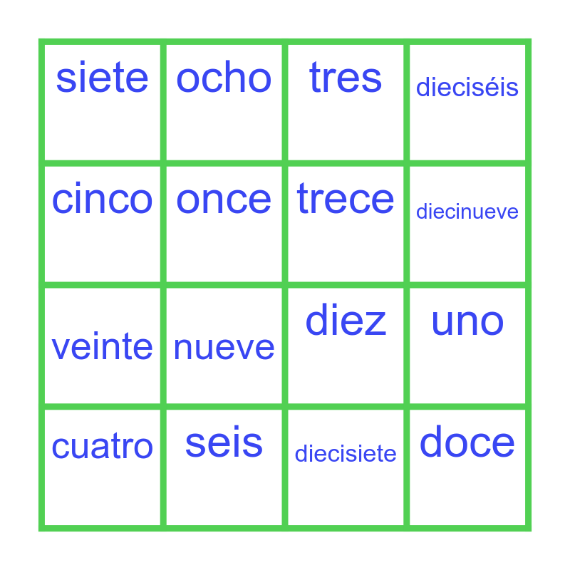Spanish Numbers Bingo Card