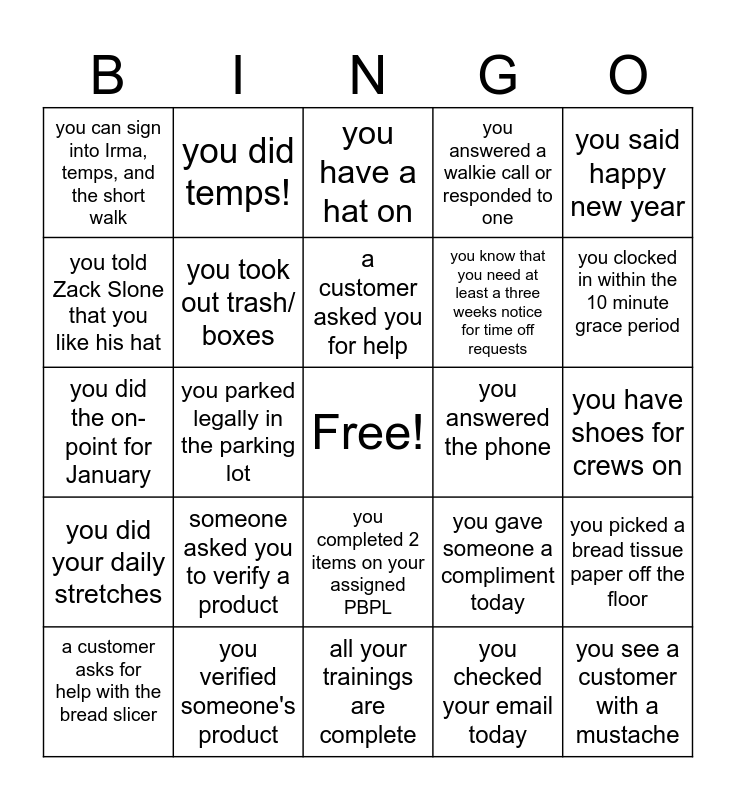 Bakery Bingo Card