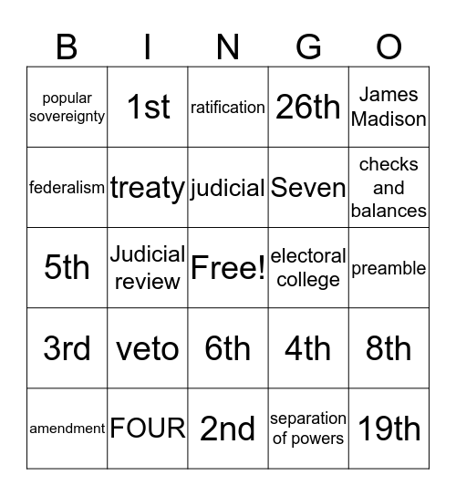 Chapter 3 - Bill of Rights and The Constitution Bingo Card