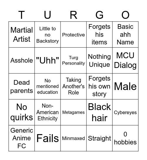 Turg Character Bingo Board Bingo Card