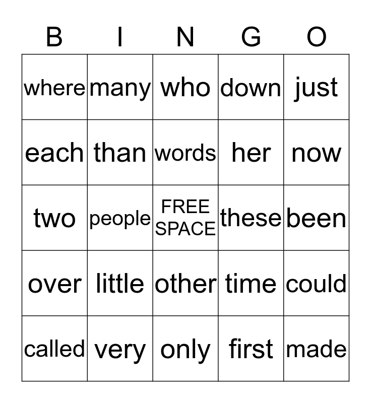 Sight Words Bingo-3rd Grade Bingo Card
