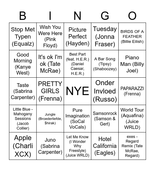 New Years' Eve 2024 Bingo Card