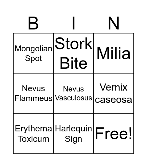 Common Skin Variations Bingo Card