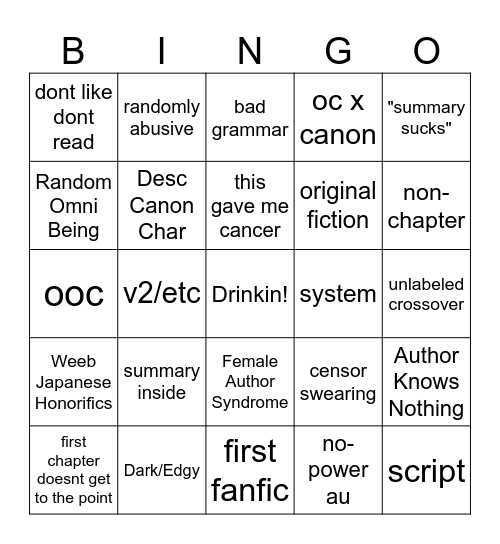 Bad Fanfiction Bingo Card
