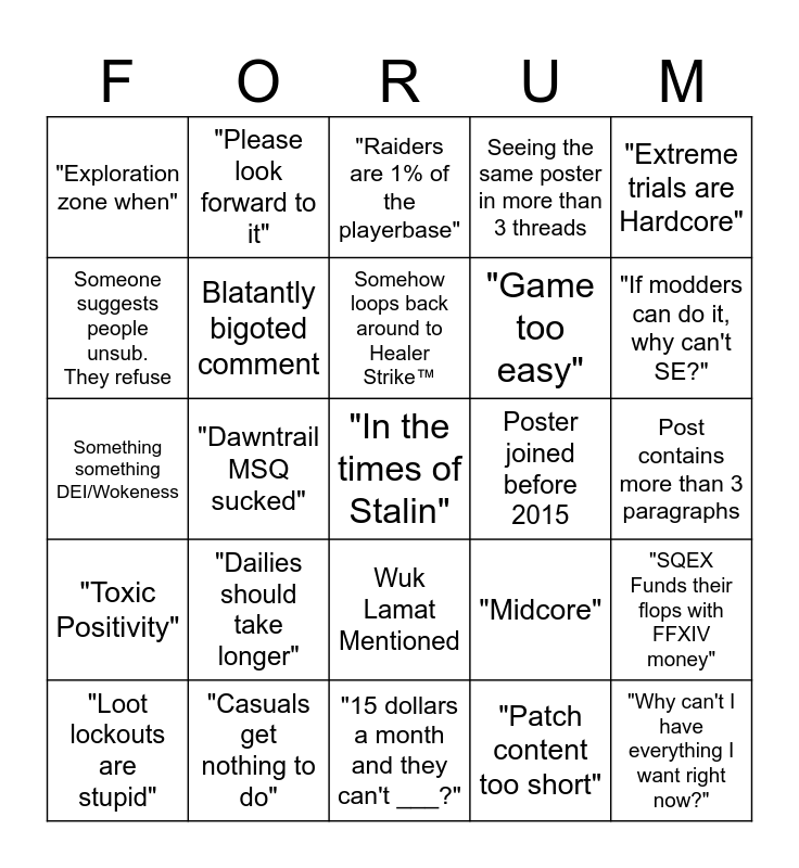 FFXIV Official Forums Bingo Card