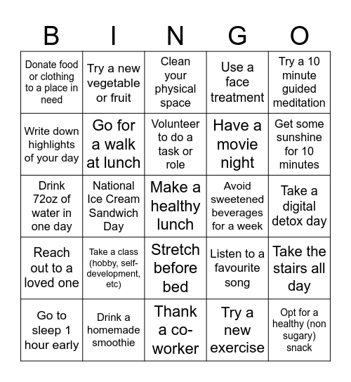 Employee Wellness Bingo Card