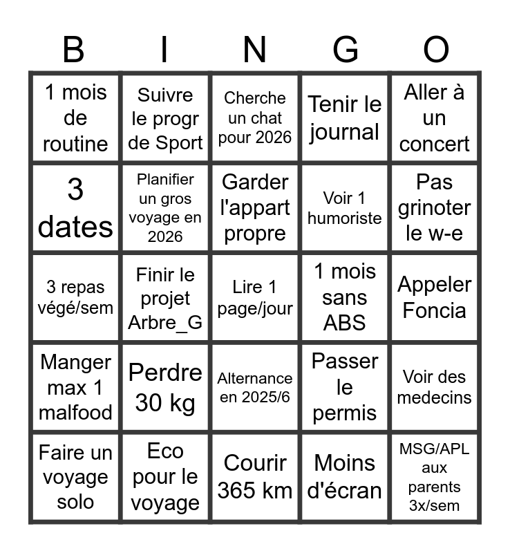Résolutions du nouvel an Bingo Card
