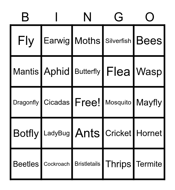 Insect Bingo Card
