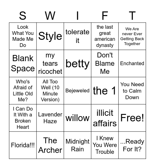 Taylor Swift Bingo Card