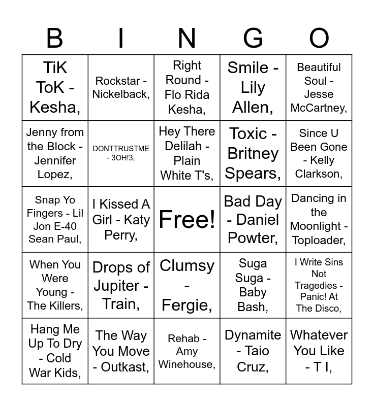 Y2K Bingo Card