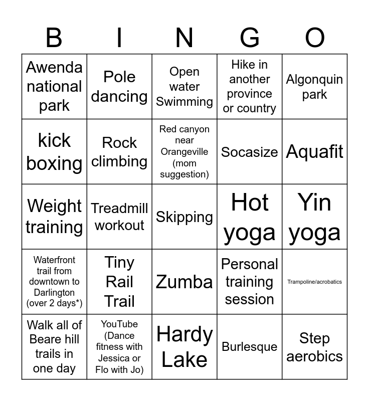 Workout Bingo Card