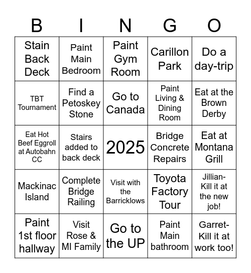 2025 Bingo Goals Bingo Card