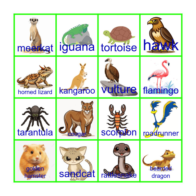 Desert Animal Bingo Card