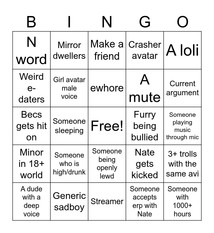 VRchat Bingo Card