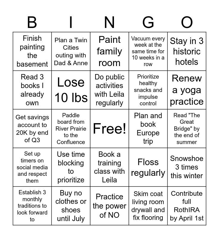 2025 Goals Bingo Card