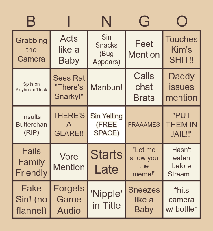 Sinavonick's Streams Bingo Card