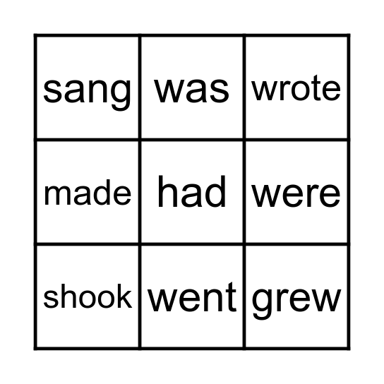 Simple Past Tense Bingo Card