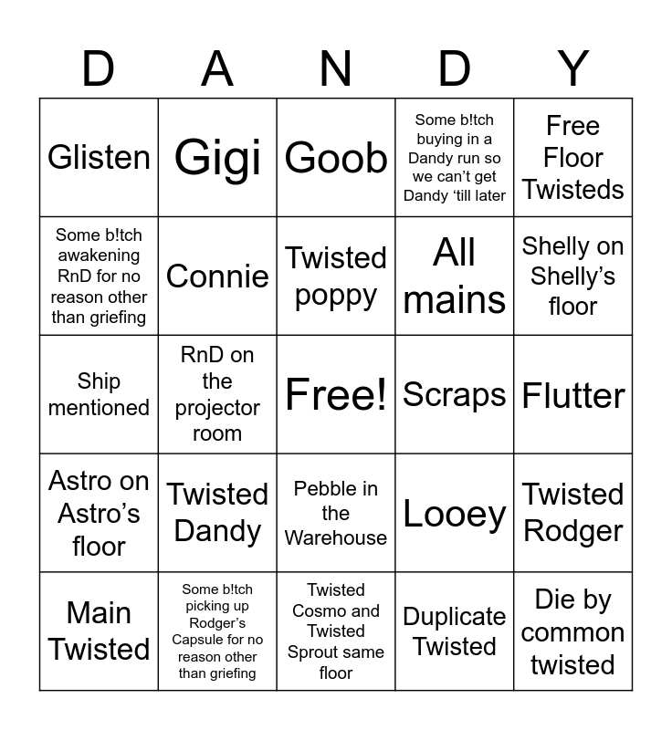 Dandy’s World Twisteds Bingo Card