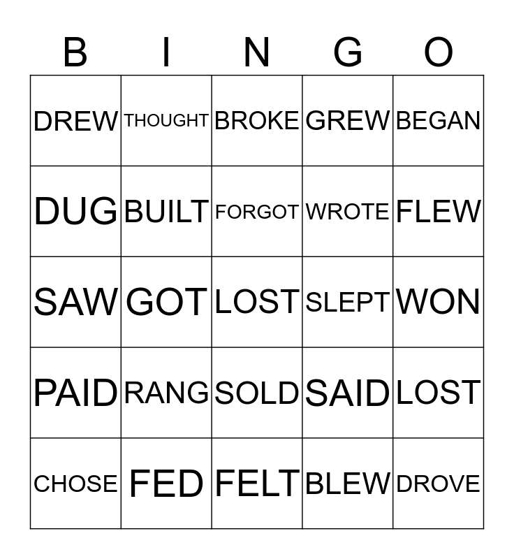 IXL Irregular Verbs (grade 3) Bingo Card